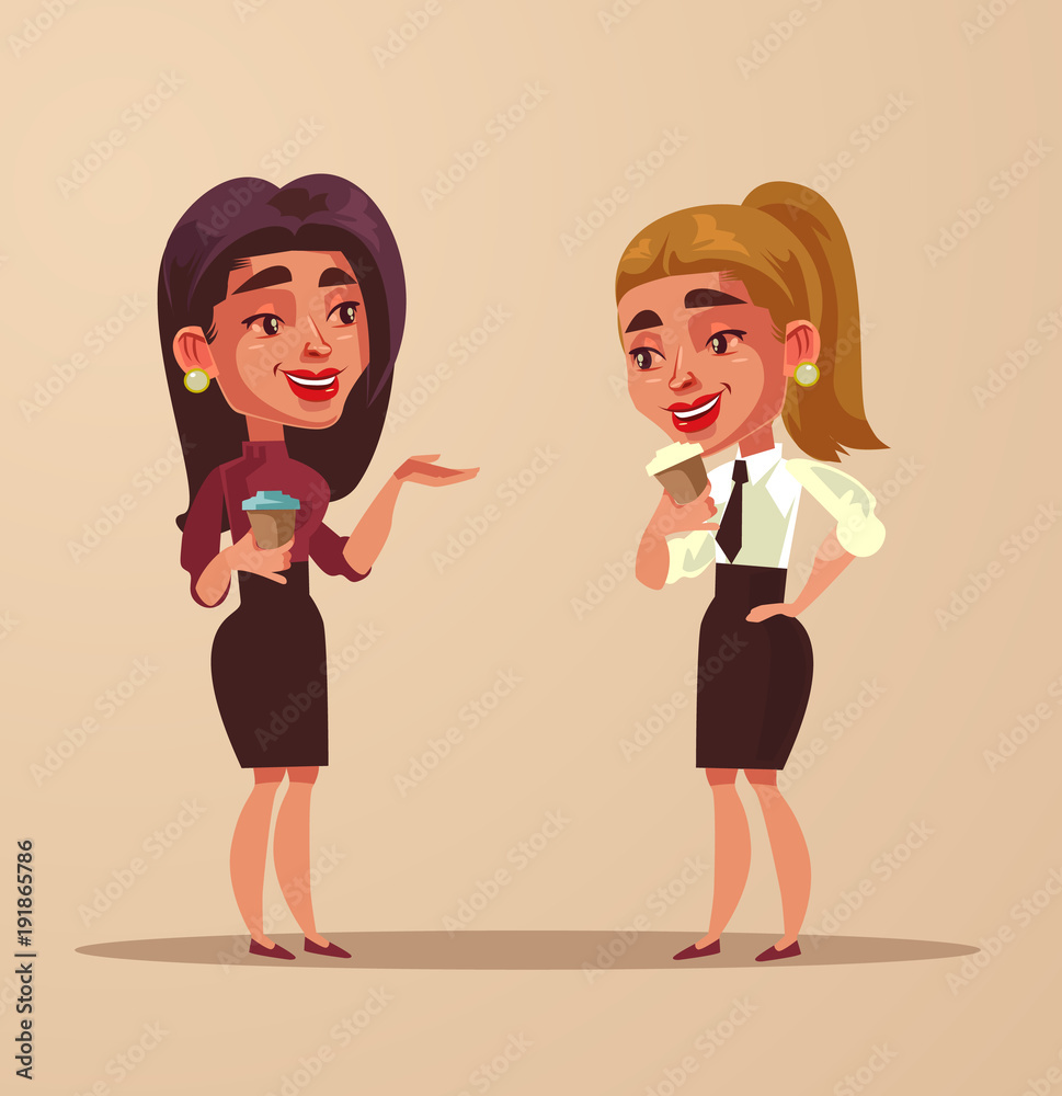 Two woman characters colleagues drink coffee and talking. Vector ...