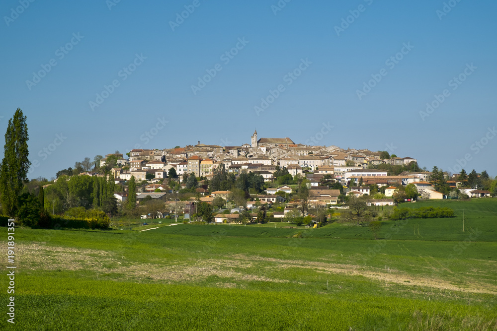 View of picturesque Monflanquin, Lot-et-Garonne, France. Monflanquin is ...