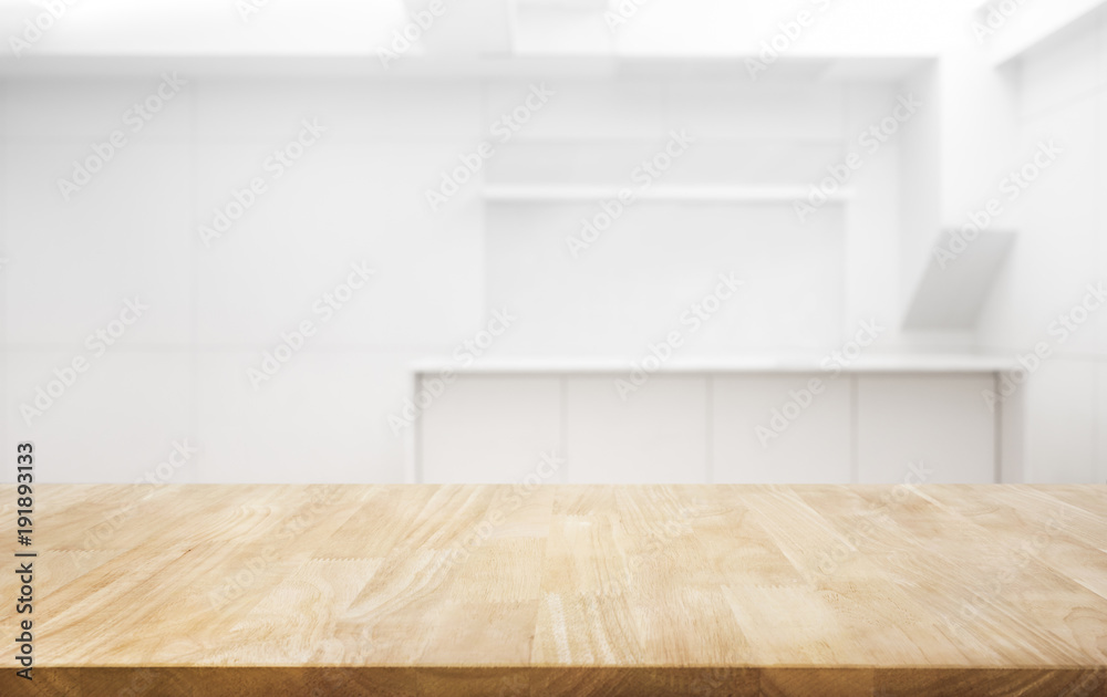 Wood table top on white room office background.For create product ...