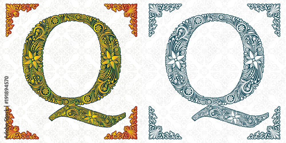 Vector letter Q. Elegant patterned font. Monogram. Alphabet from leaf ...