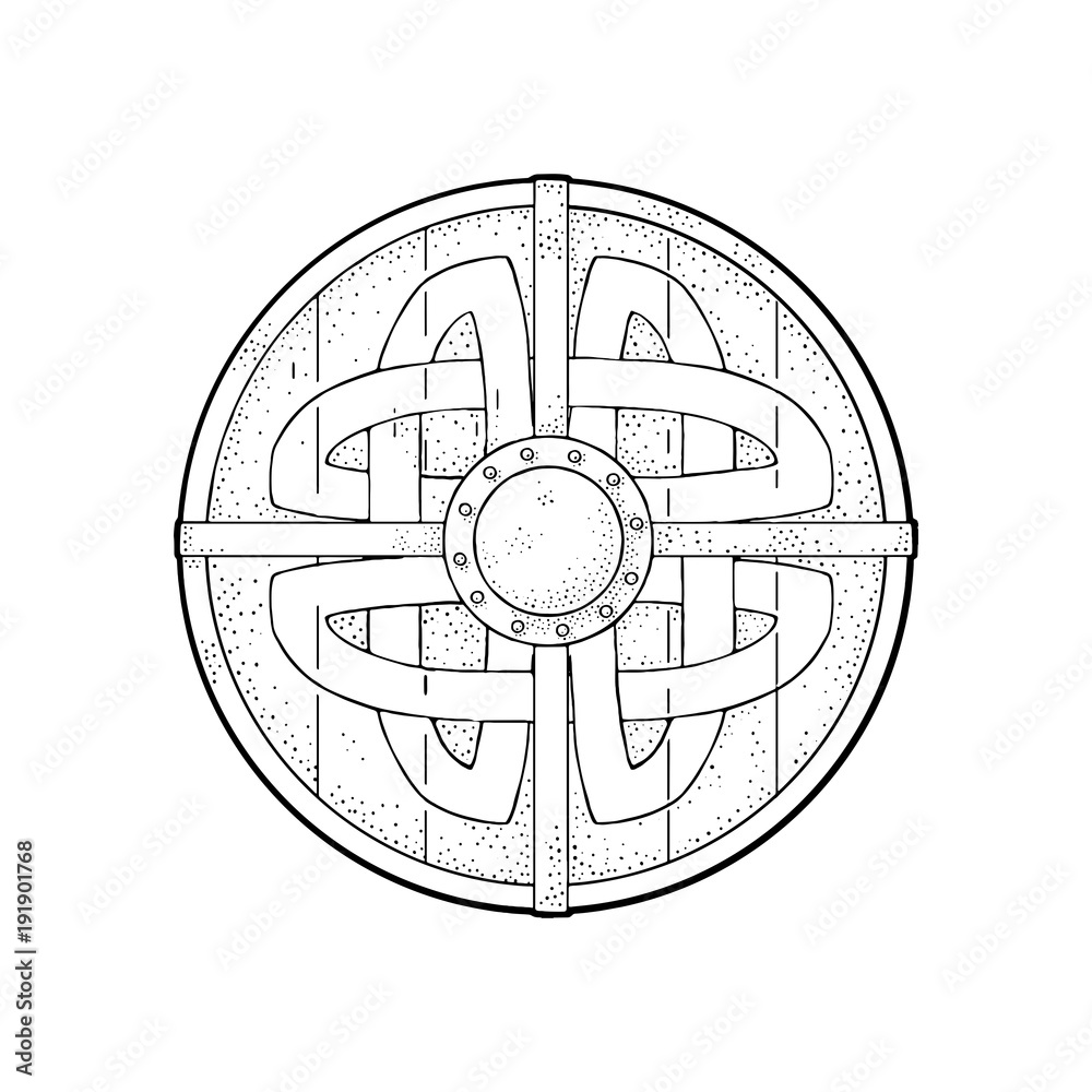 Wood round shield with viking runes. Vintage vector black engraving ...