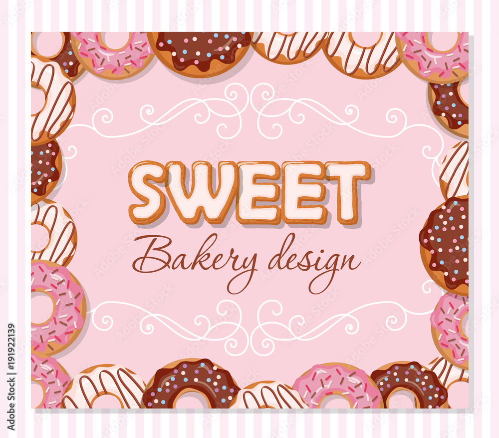 Sweet bakery design template. Cartoon hand drawn letters and donut ...