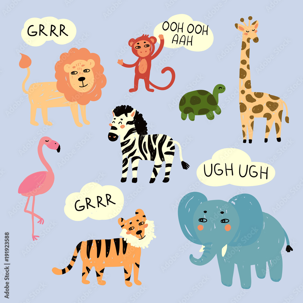 Vector illustration of wild zoo exotic animals that are making sounds ...