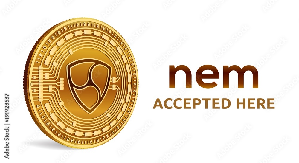 NEM. Accepted sign emblem. Crypto currency. Golden coin with NEM symbol ...