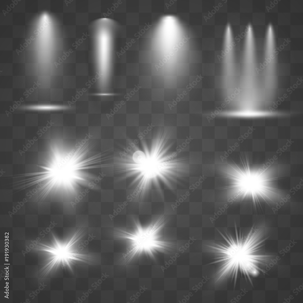 Set white beam lights of different shapes and projections gleaming ...