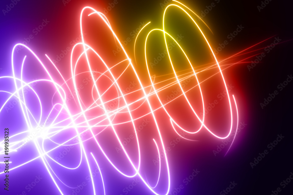 Curved, rainbow colored glowing lines curves and circles design element ...