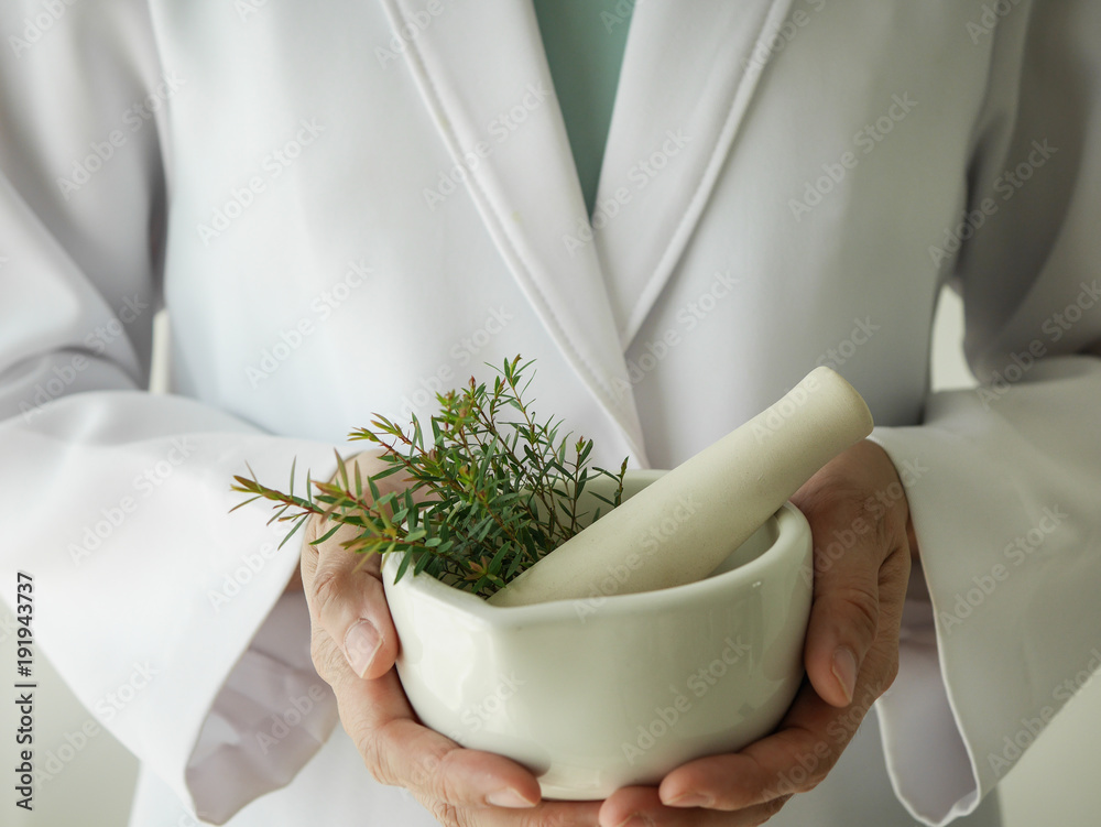 scientist or doctor making herbal medicine with herb leaves , capsule ...