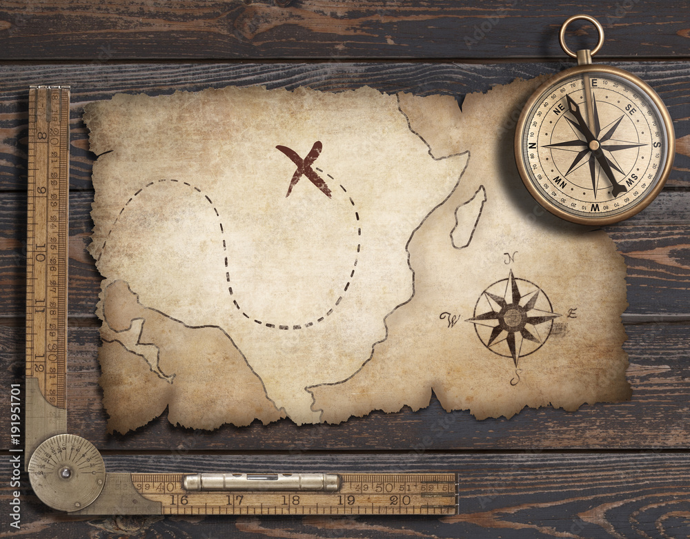 Old blank map background with compass. Adventure and travel concept. 3d ...