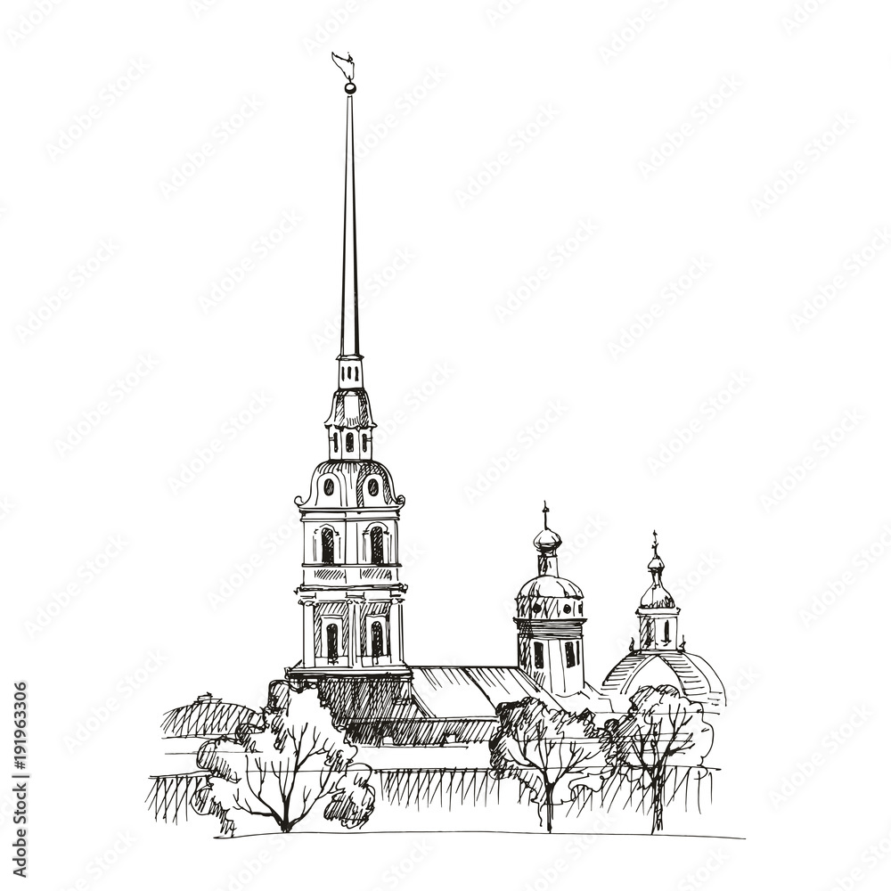 St. Petersburg architectural monuments, travel sketches, line drawing ...