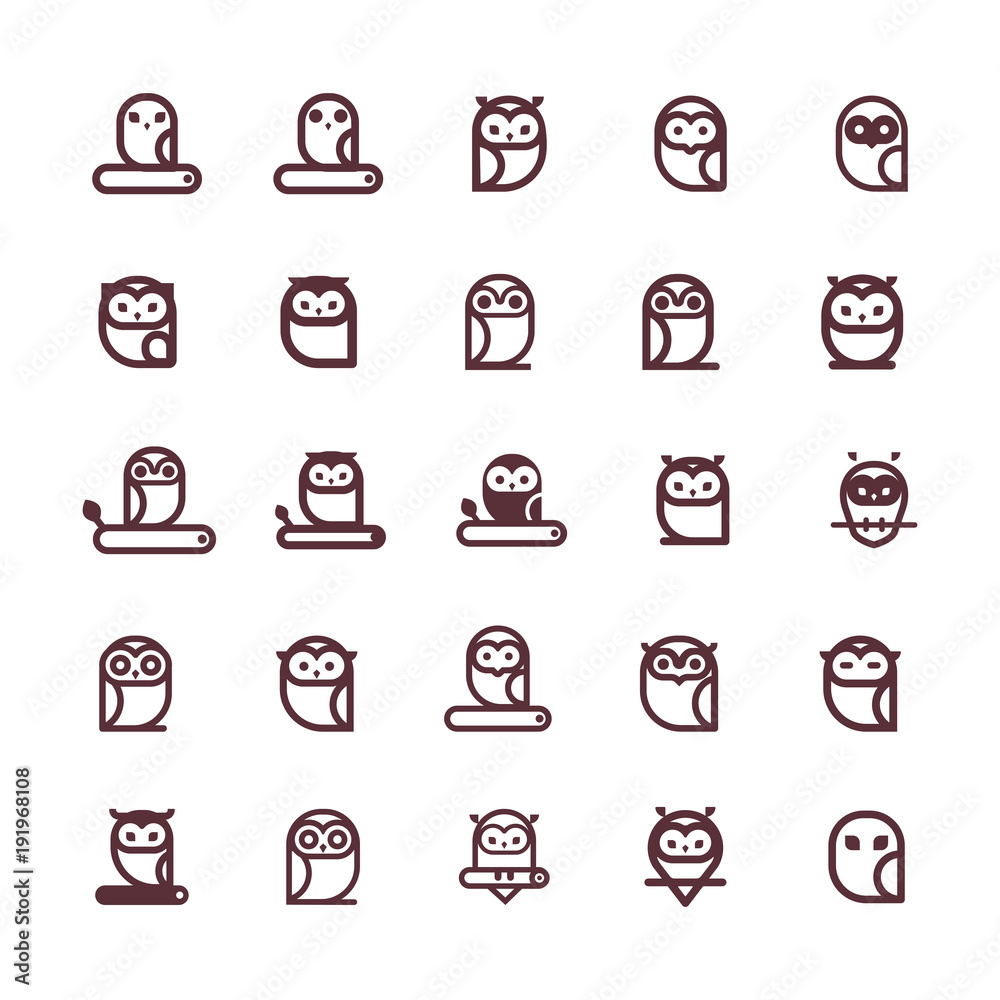 Owl outline icons collection. Set of outline owls and emblems design ...