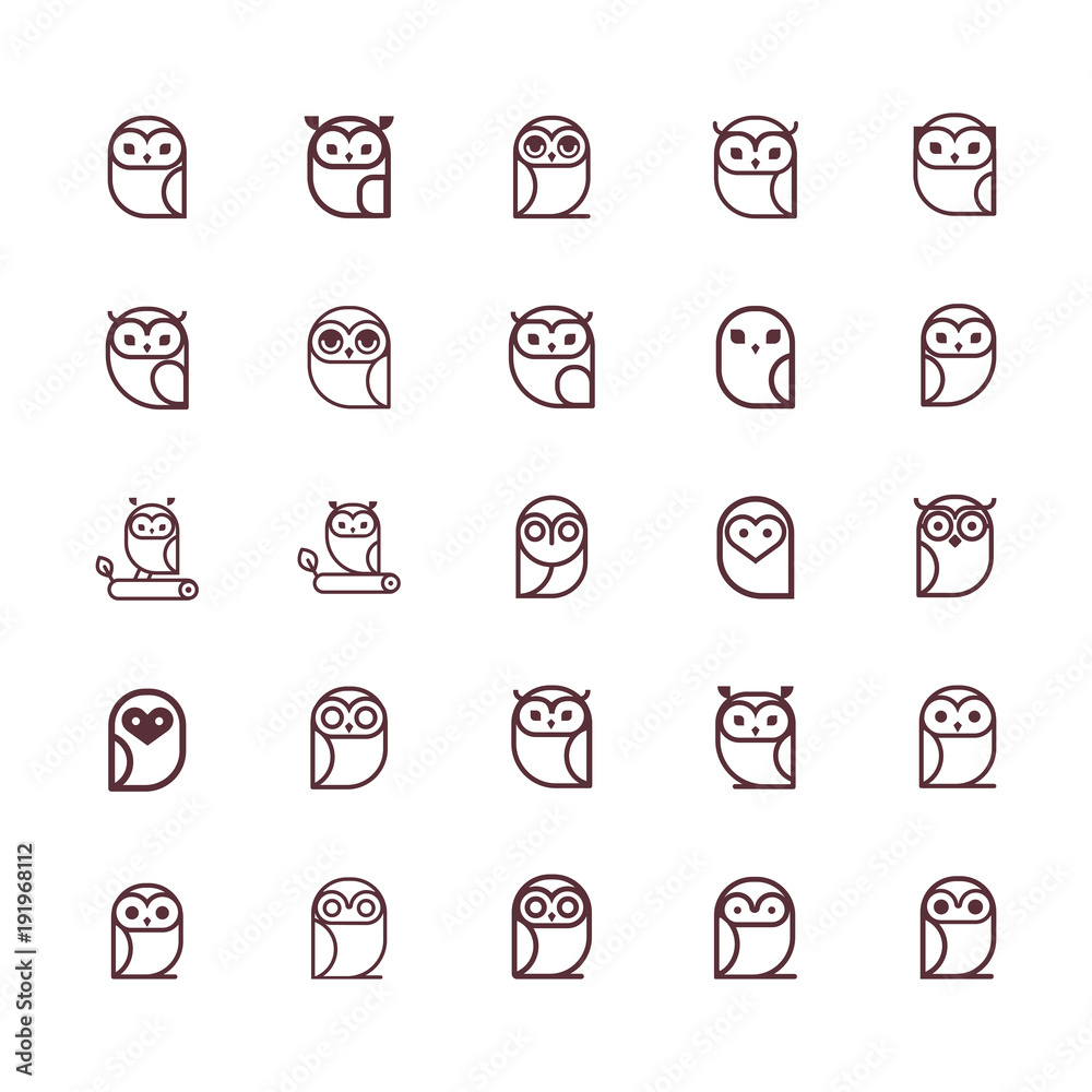 Owl outline icons collection. Set of outline owls and emblems design ...