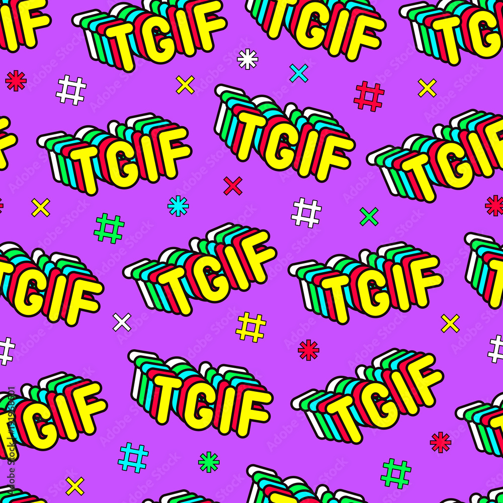 Seamless pattern with patches with words "TGIF" (the acronym for "Thank ...