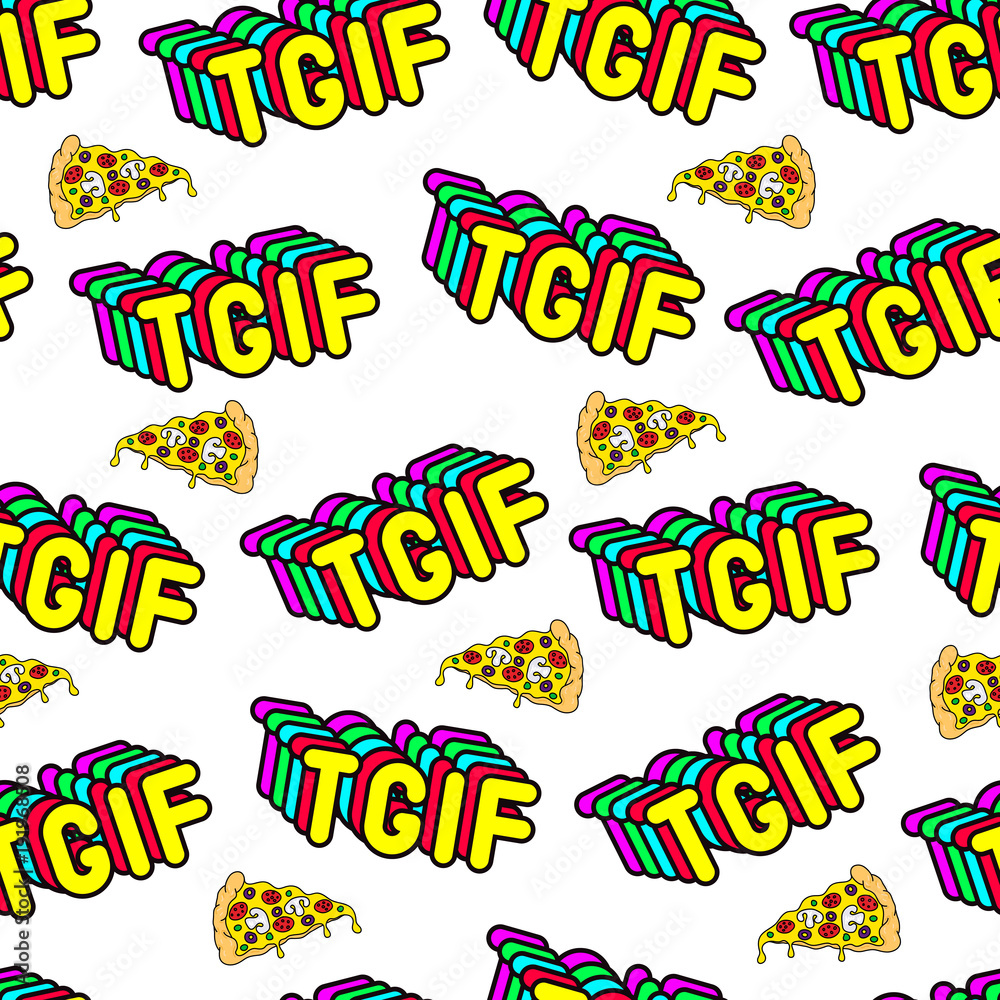 Seamless pattern with patches with words "TGIF" (the acronym for "Thank ...