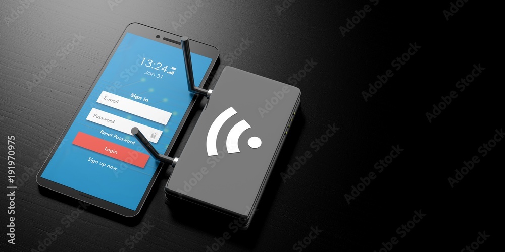 Login with wifi on a smartphone screen and router on black background ...