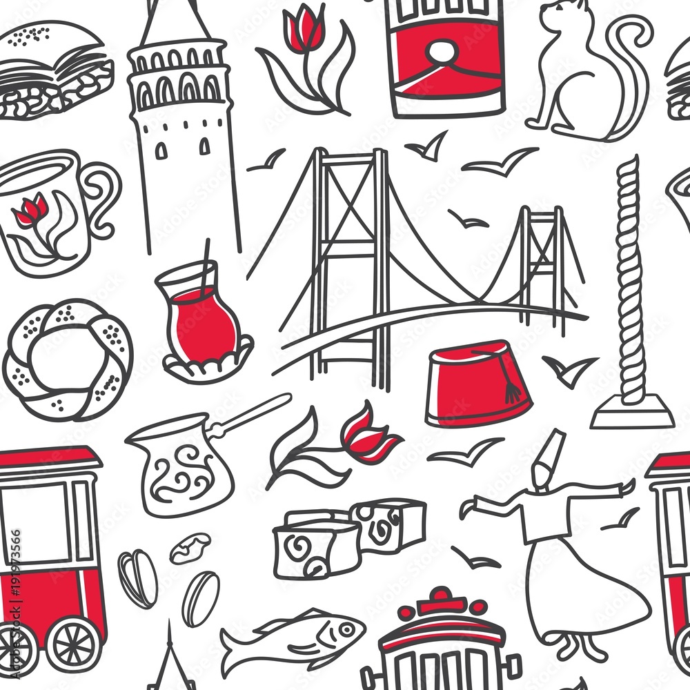 Vector seamless pattern Istanbul. Hand drawn doodle symbols with black ...