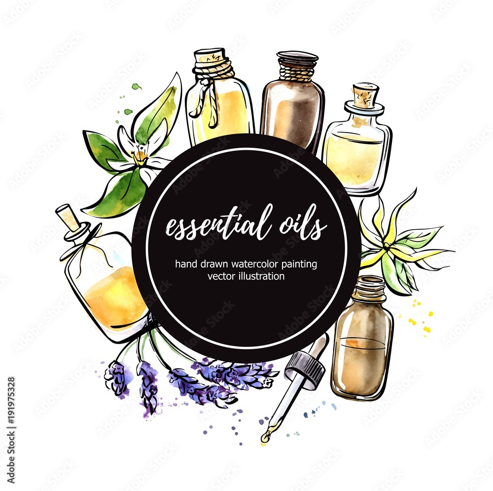 Vector illustration with essential oil bottles, flower and plant. Hand ...