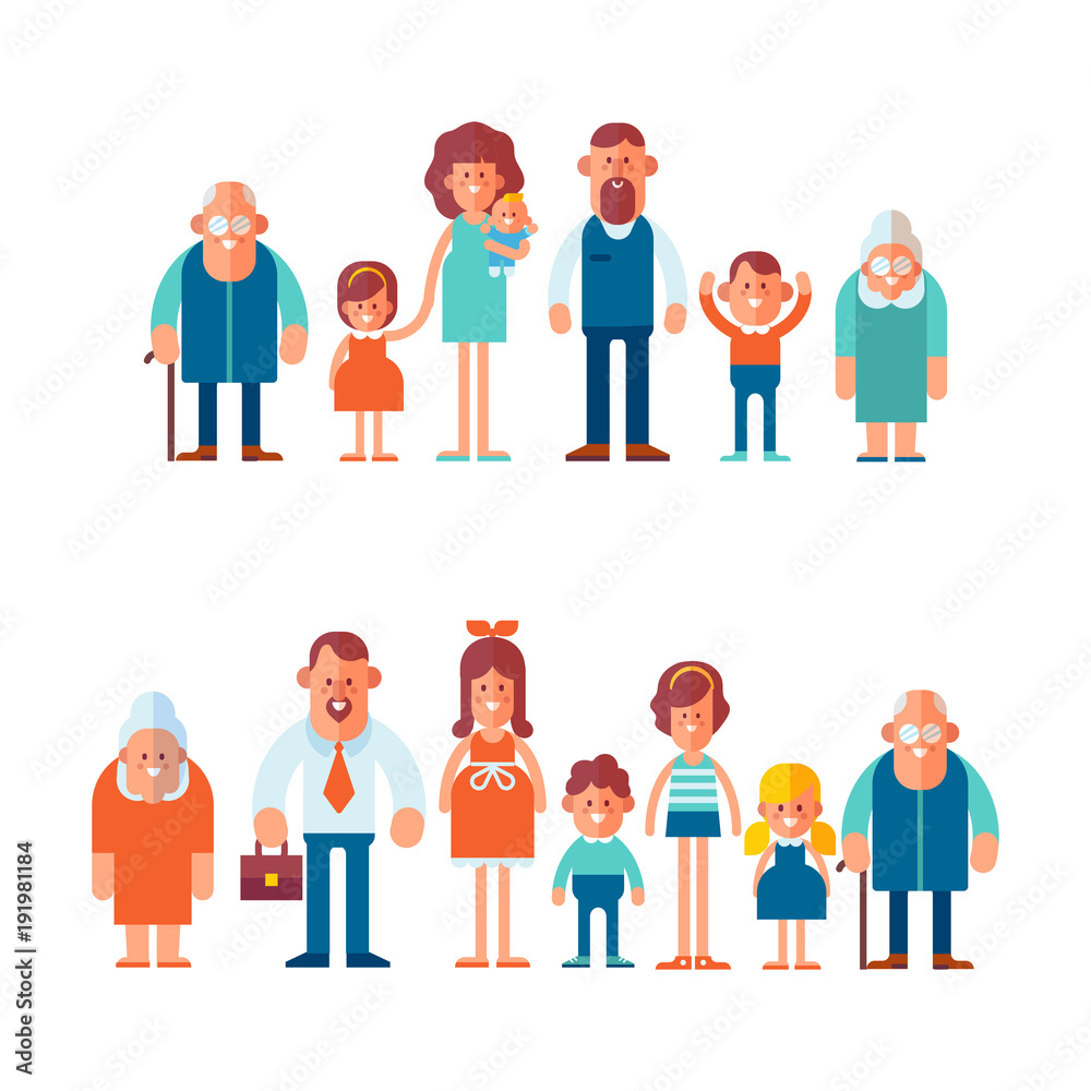 Vector set of characters in a flat style. Big family together. Cartoon ...