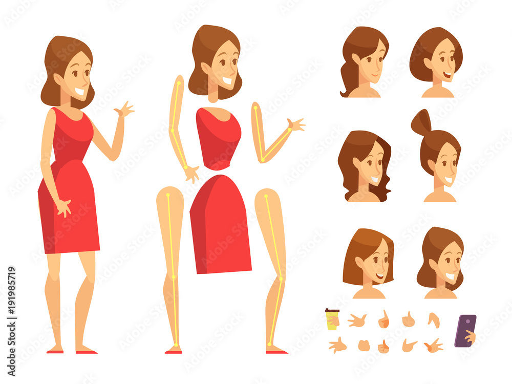 Young girl constructor with various hairstyles and gestures. Separate ...