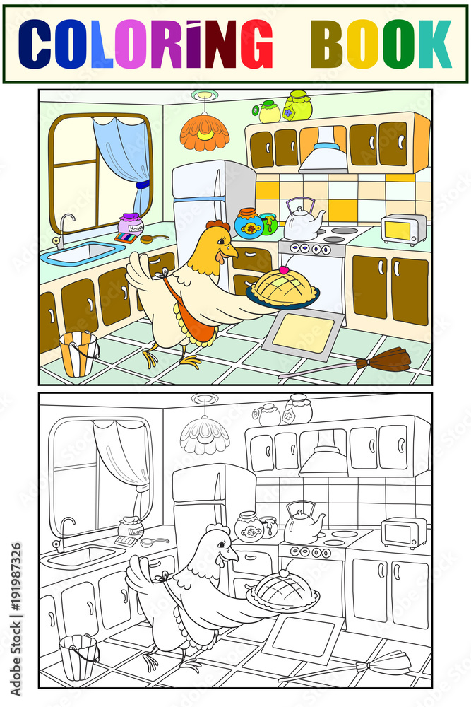Mom chicken in the kitchen prepares food for the family color book for ...