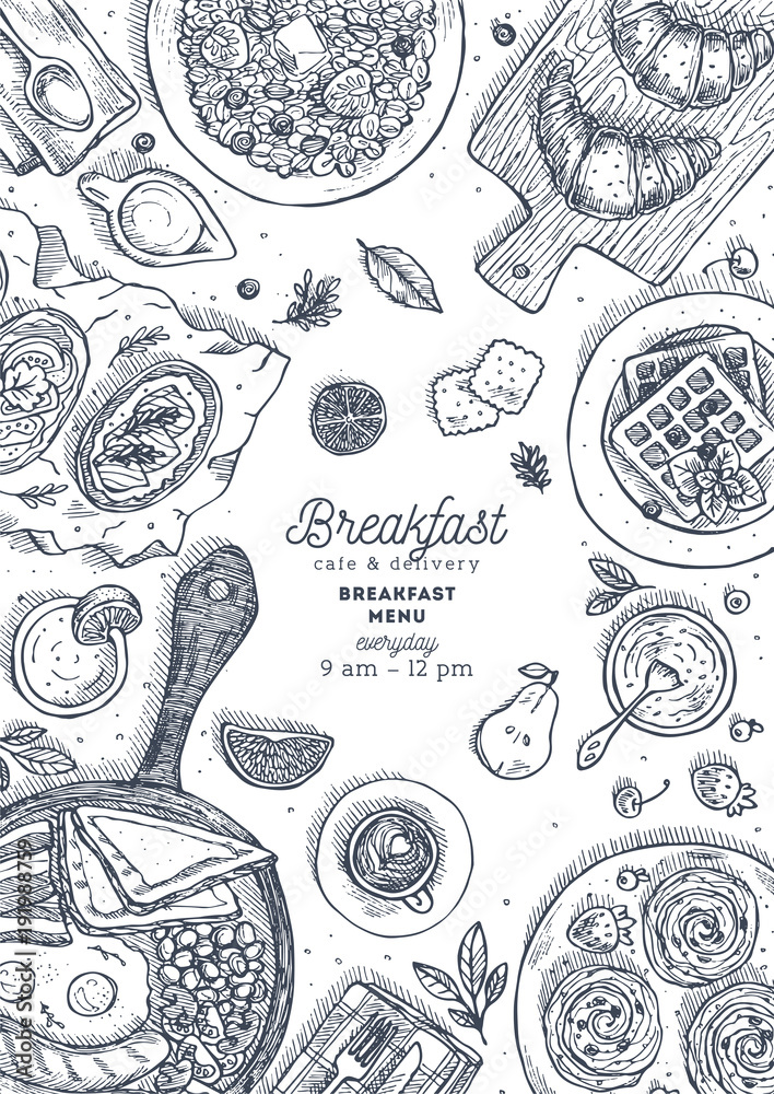Vertical breakfast top view design template. Various food background ...
