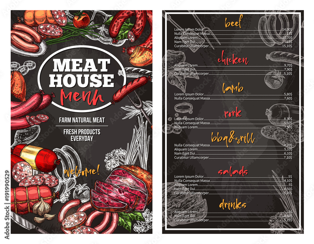Vector sketch menu for meat house delicatessen Stock Vector | Adobe Stock