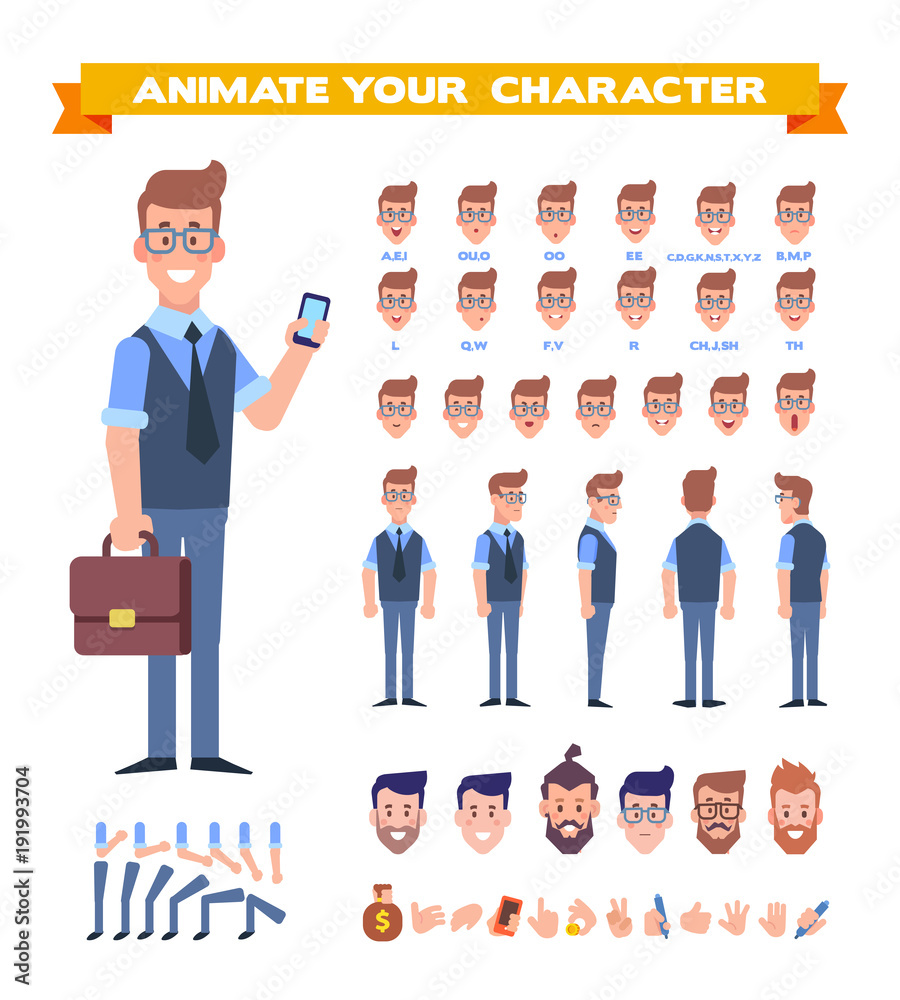 Vecteur Stock Front, side, back, 3/4 view animated character. Business ...