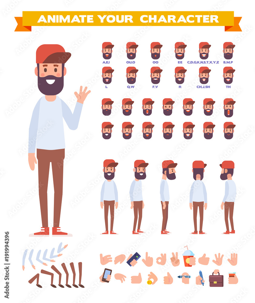 Front, side, back view animated character, separate parts of body ...