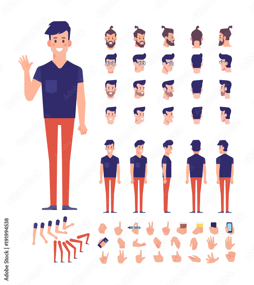 Front, side, back, 3/4 view animaes characters. Young guy creation set ...