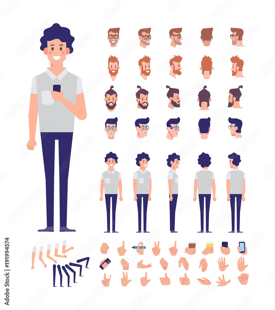 Front, side, back, 3/4 view animaes characters. Young guy creation set ...