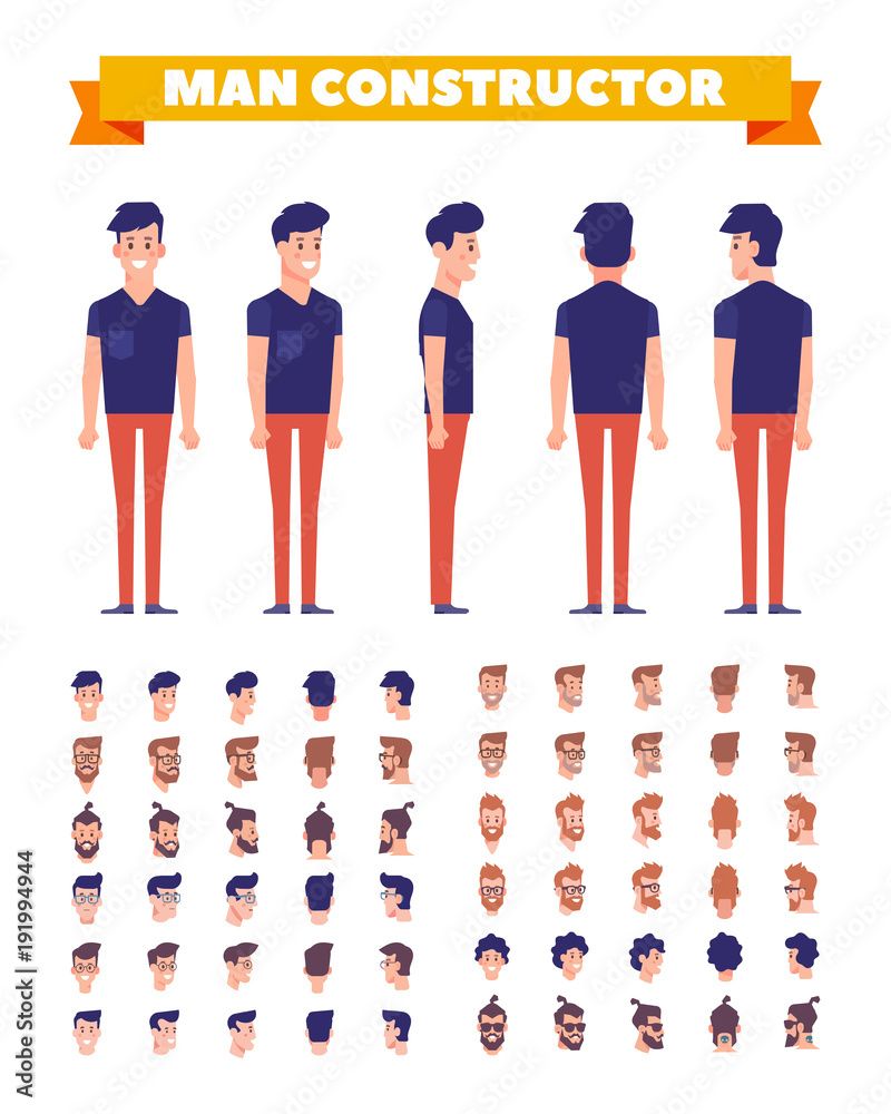 Young man for animation. Front, side, back, 3/4 view character ...