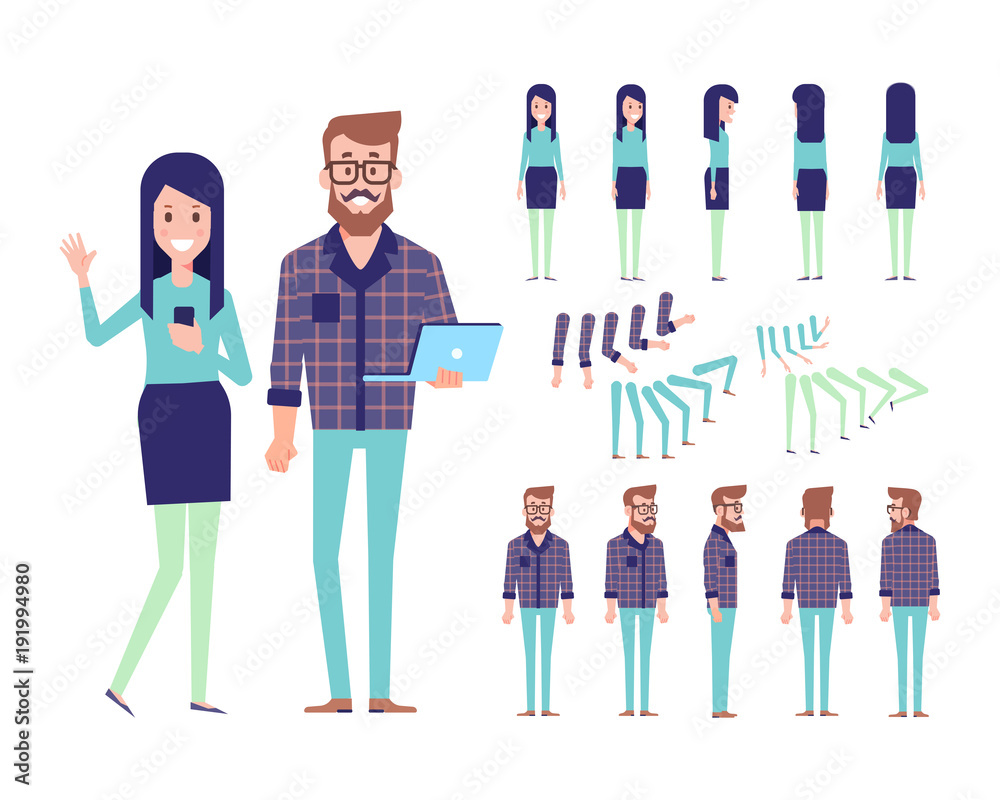 Front, side, back view animated characters. Girl and guy characters ...