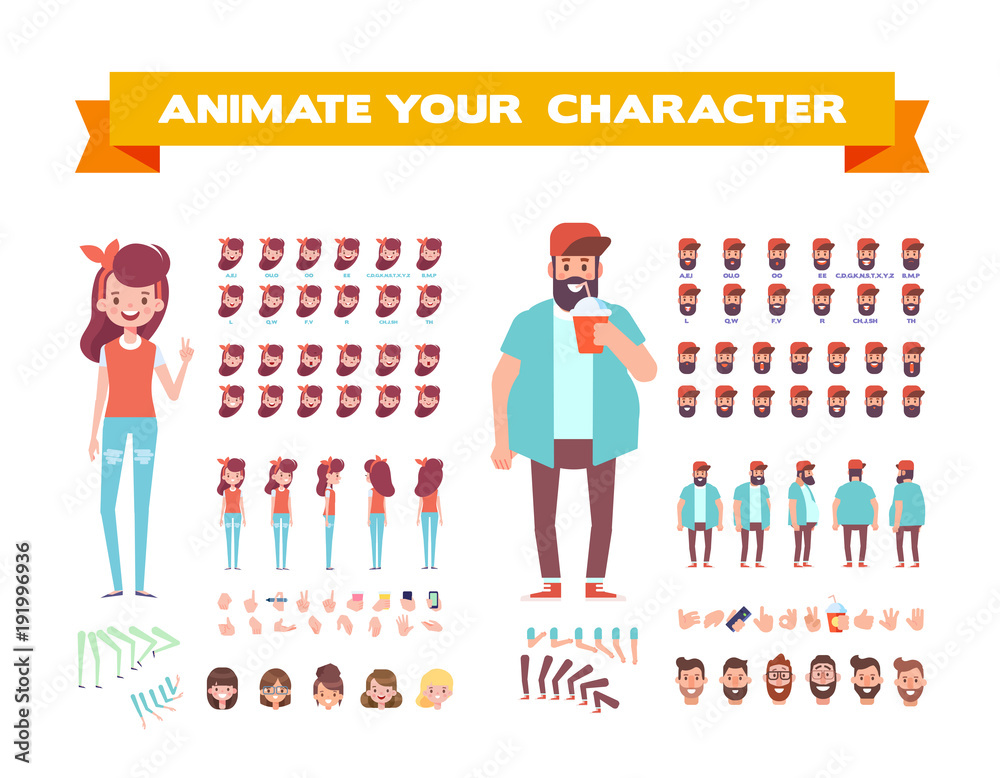 Front, side, back view animated characters. Male and female characters ...