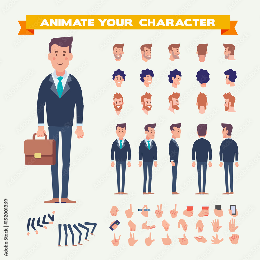 Front, side, back, 3/4 view animated character. Business man character ...