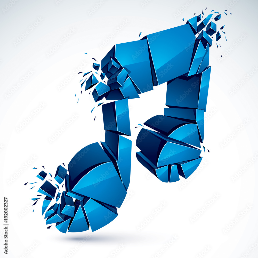 Musical note breaking to pieces and exploding, vector 3d realistic ...