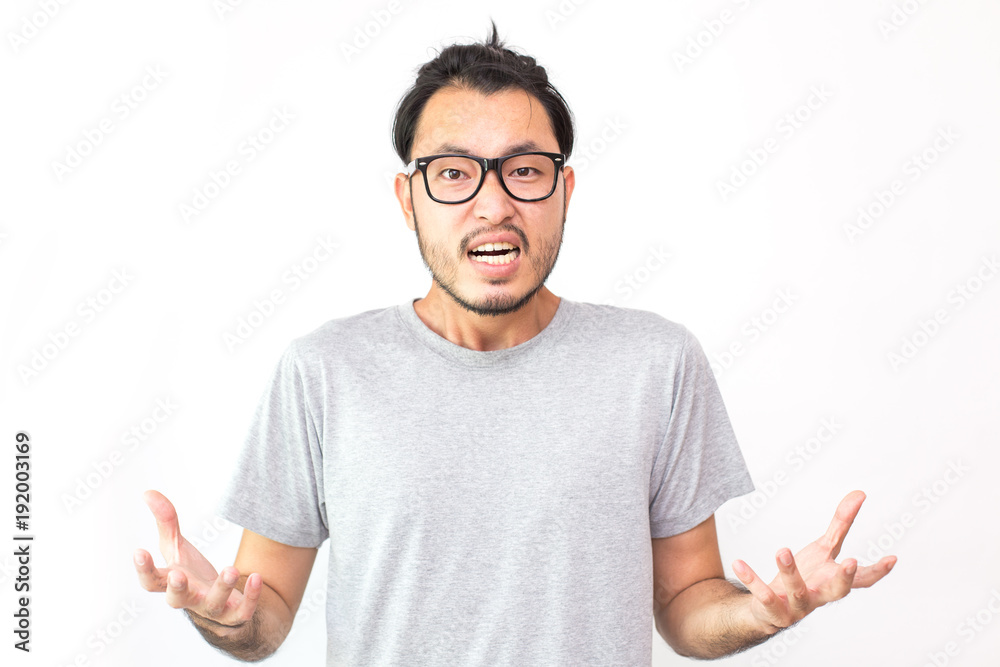 Closeup portrait of angry asian man screaming, isolated on white ...
