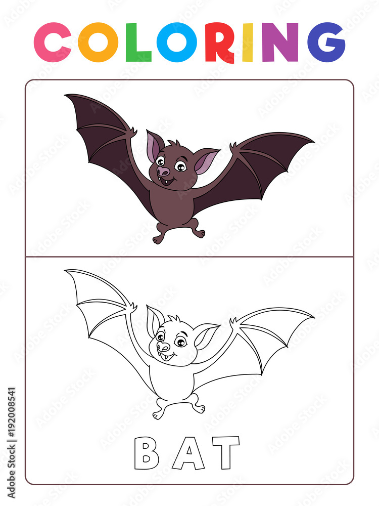 Funny Bat Coloring Book with Example. Preschool worksheet for ...