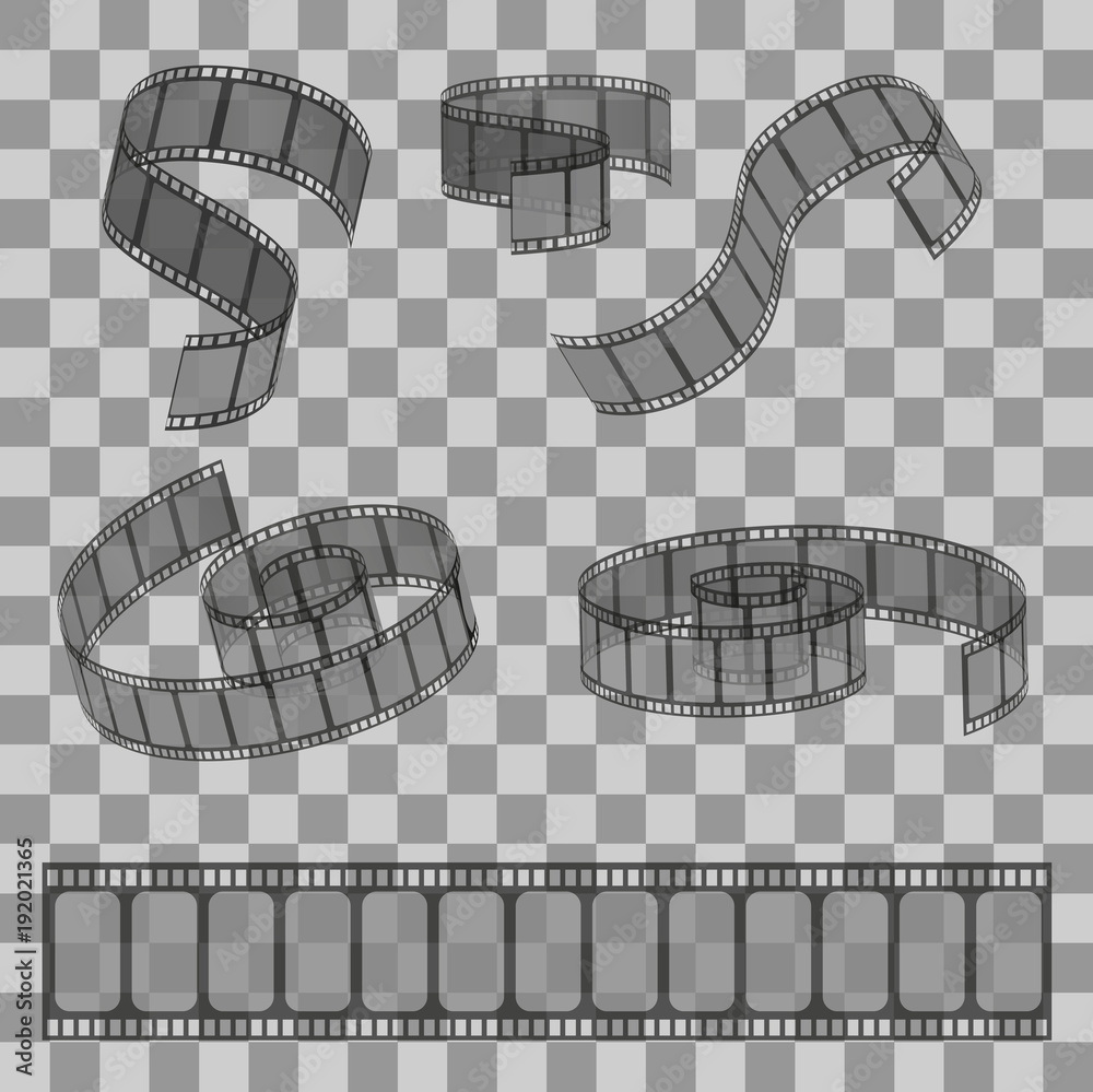 Set of rolled filmstrip rolls. Group of realistic movie and cinema ...