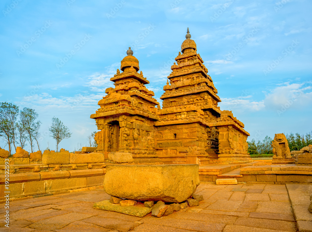 beautiful ancient monolithic famous Shore Temple near Mahabalipuram ...
