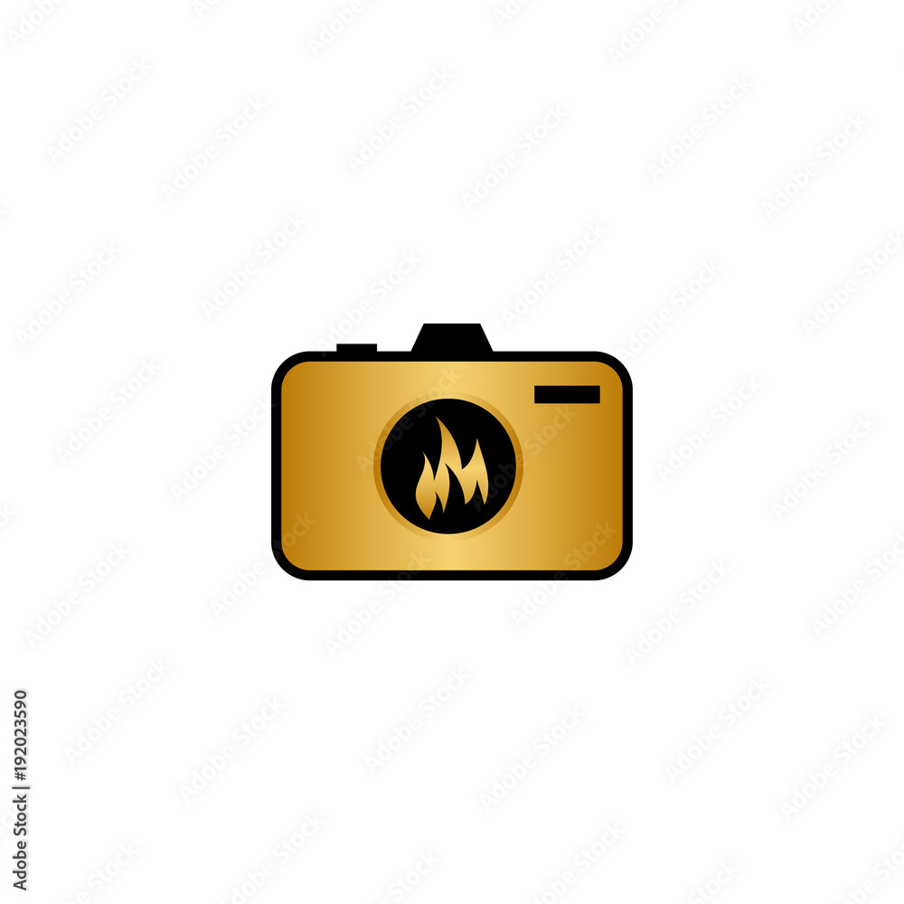 Abstract gold camera photography with fire flame on a lens logo design ...