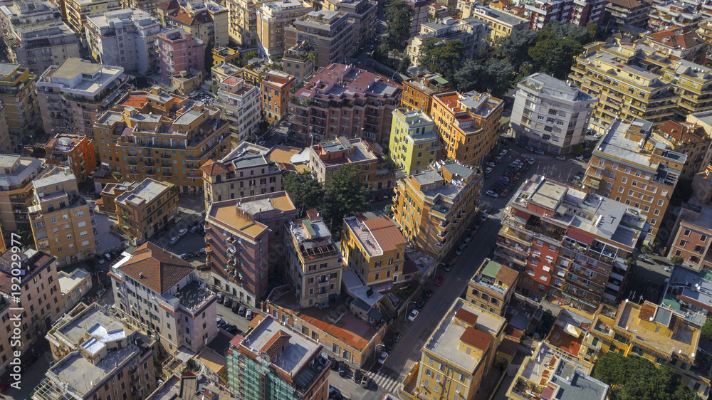 Aerial view of a group of buildings in the Tuscolana district in Rome ...