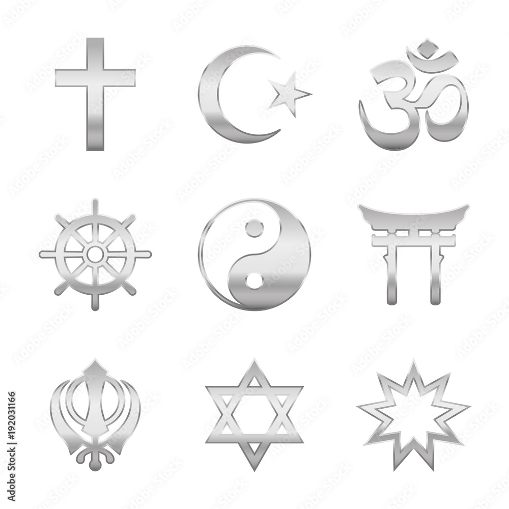 Religion symbols. Silver signs of major world religious groups and ...