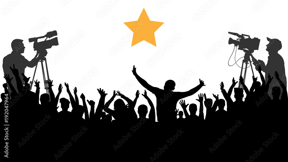 Cheering crowd people concert, party. Applause sports fans. Cameraman ...