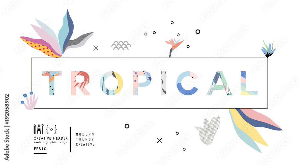 TROPICAL vector word. Floral header. Season creative art greeting ...