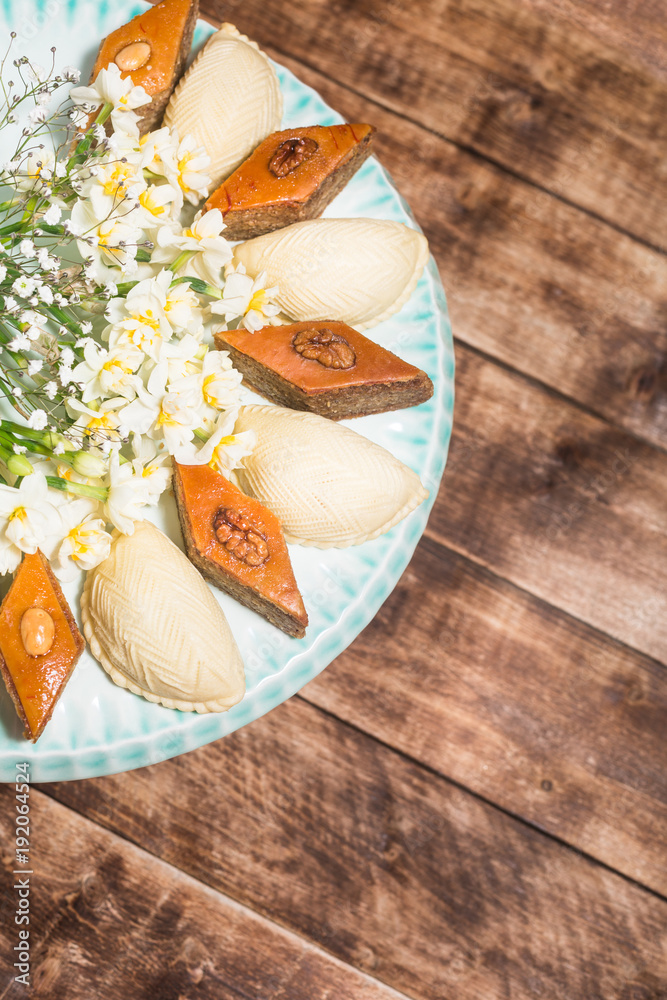 Novruz celebration plate with traditional national pastries in ...