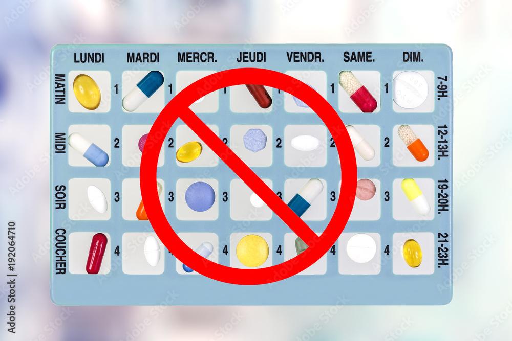 Blue pill box for storage of drugs, with inscriptions in french, of ...