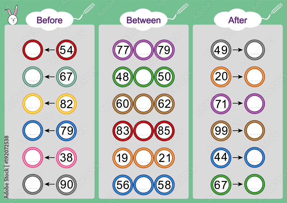 What comes Before-Between and After, math worksheets for kids Stock ...
