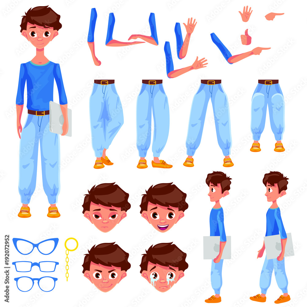 Programmer, student, young man character creation set, gestures, faces ...