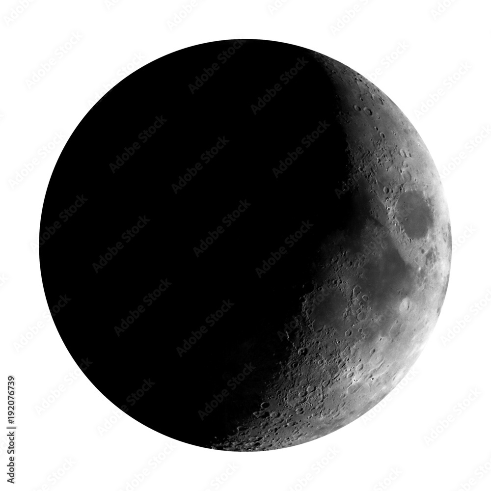 High contrast Waxing crescent moon seen with telescope, isolated Stock ...