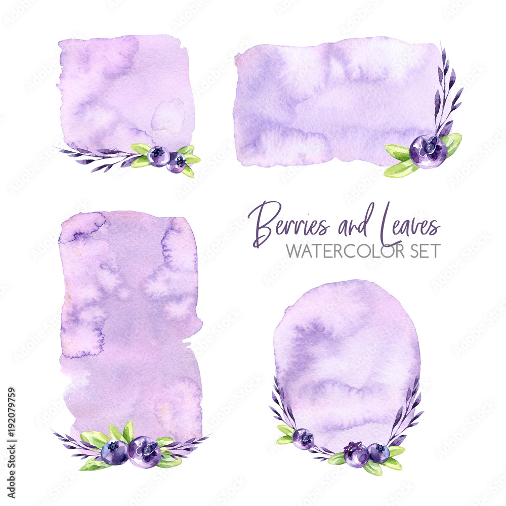 Watercolor frames set with textures and berries. Original hand drawn ...