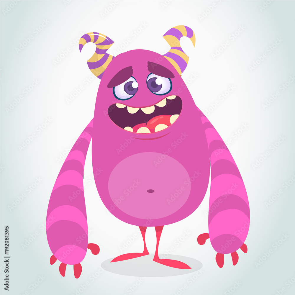 Happy cool cartoon fat monster. Purple and horned vector monster ...